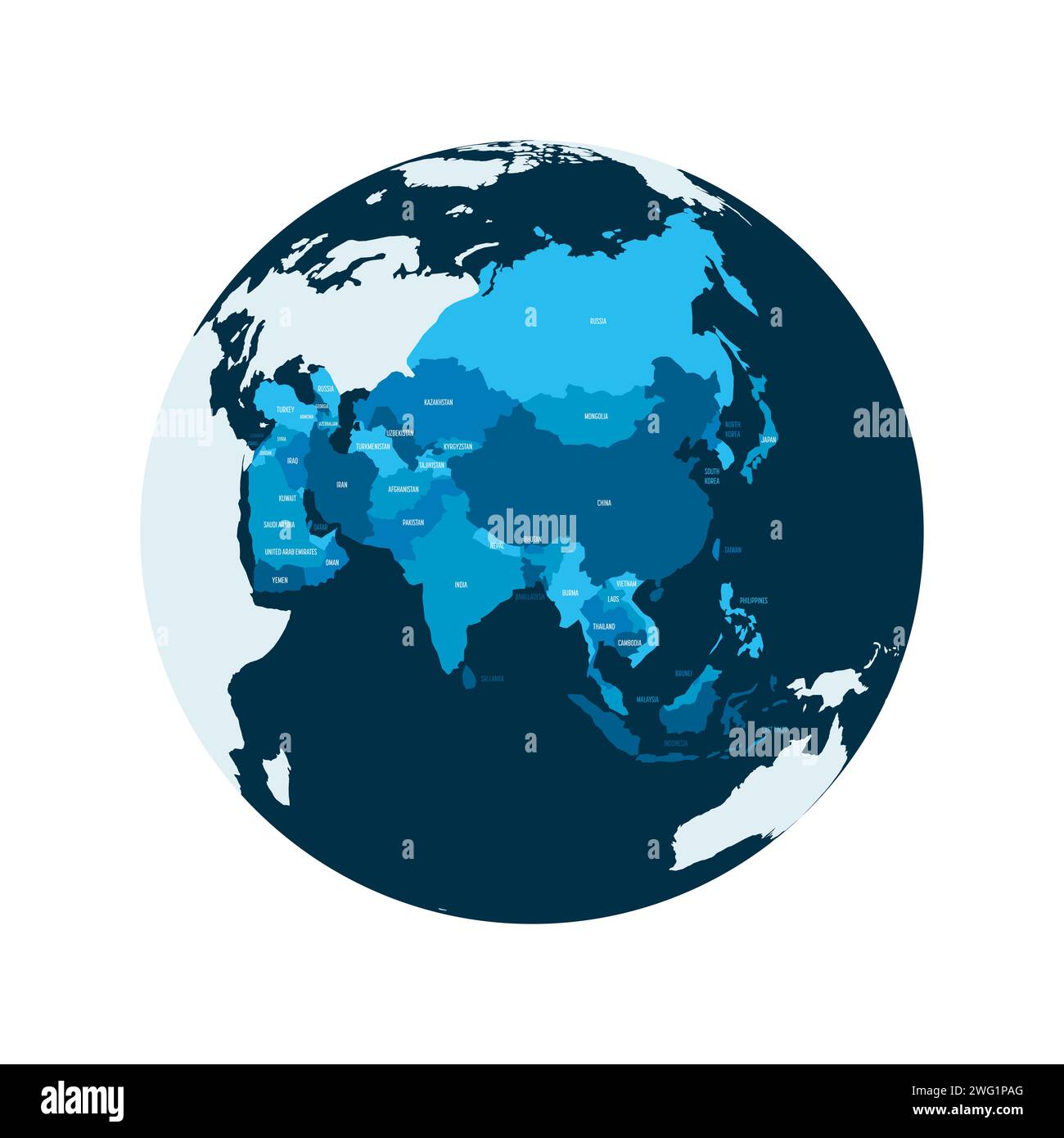 Political map of Asia. Blue colored land with country name labels on ...
