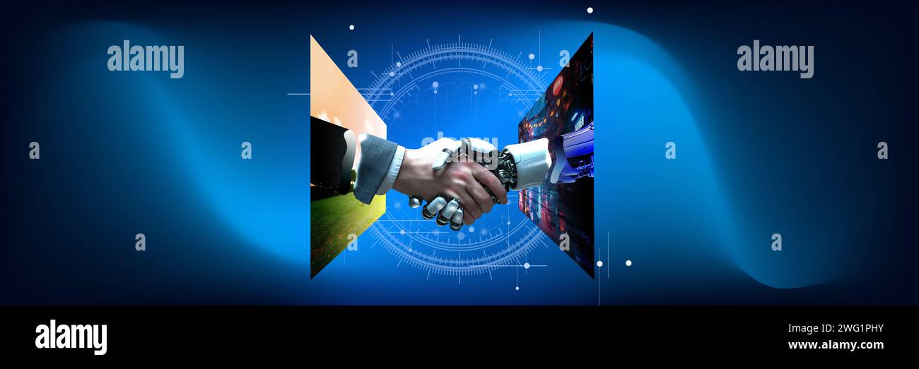 Real and artificial words meet. Hands appearing form monitors, human ...