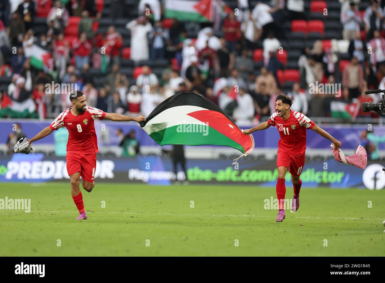 Doha, Qatar. 2nd Feb, 2024. Jordan's Ali Olwan (L) and Yazan Alnaimat ...