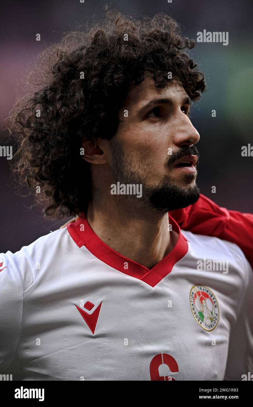 Doha, Qatar. 2nd Feb, 2024. Tajikistan's Vahdat Hanonov reacts after ...