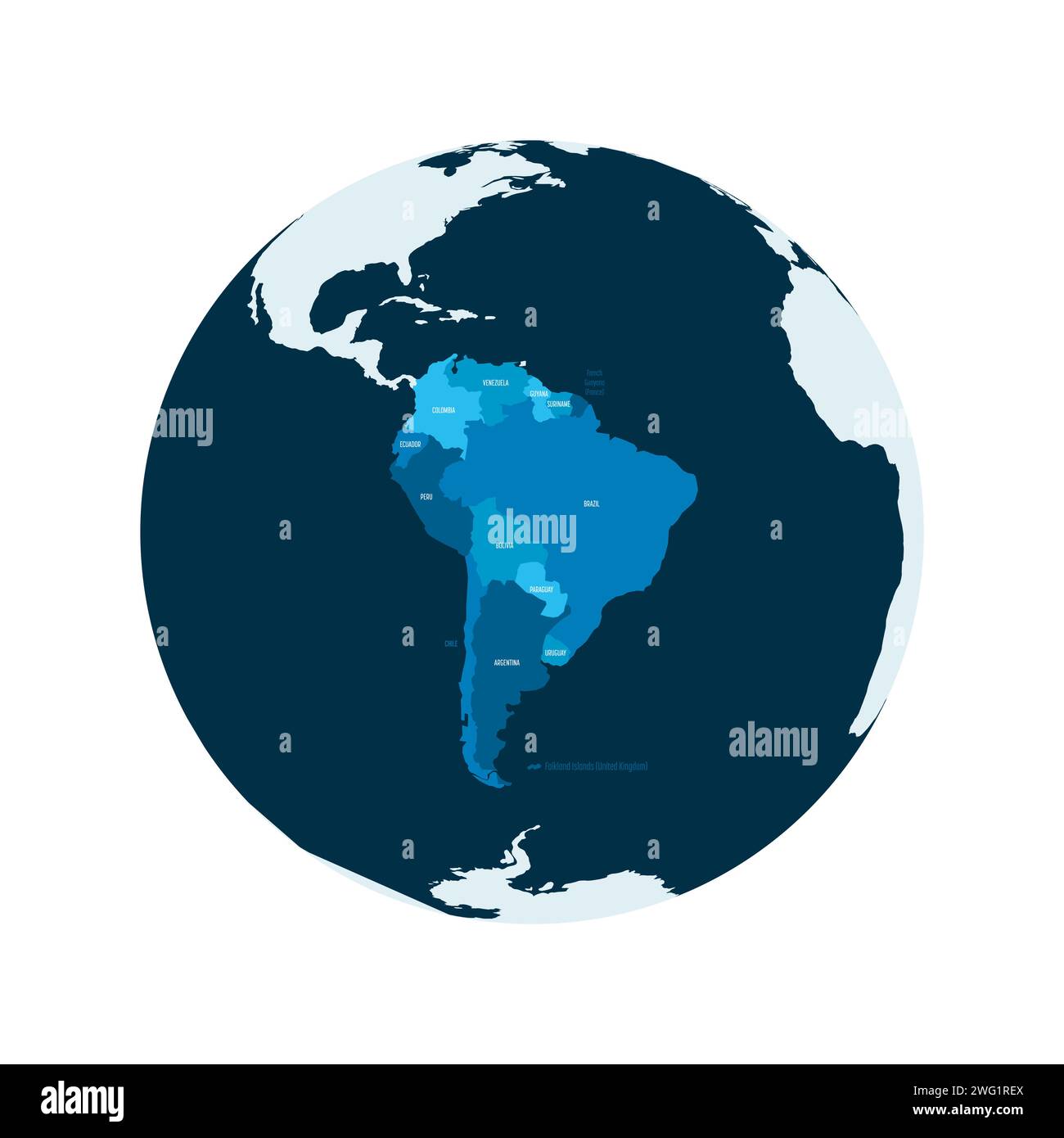 Political map of South America. Blue colored land with country name ...