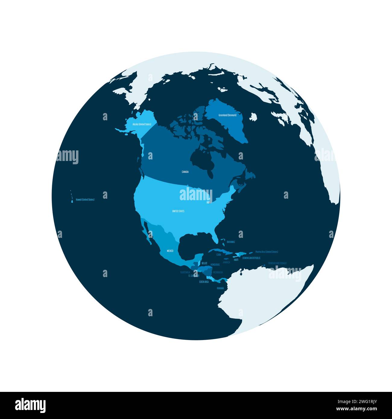 Political map of North America. Blue colored land with country name ...