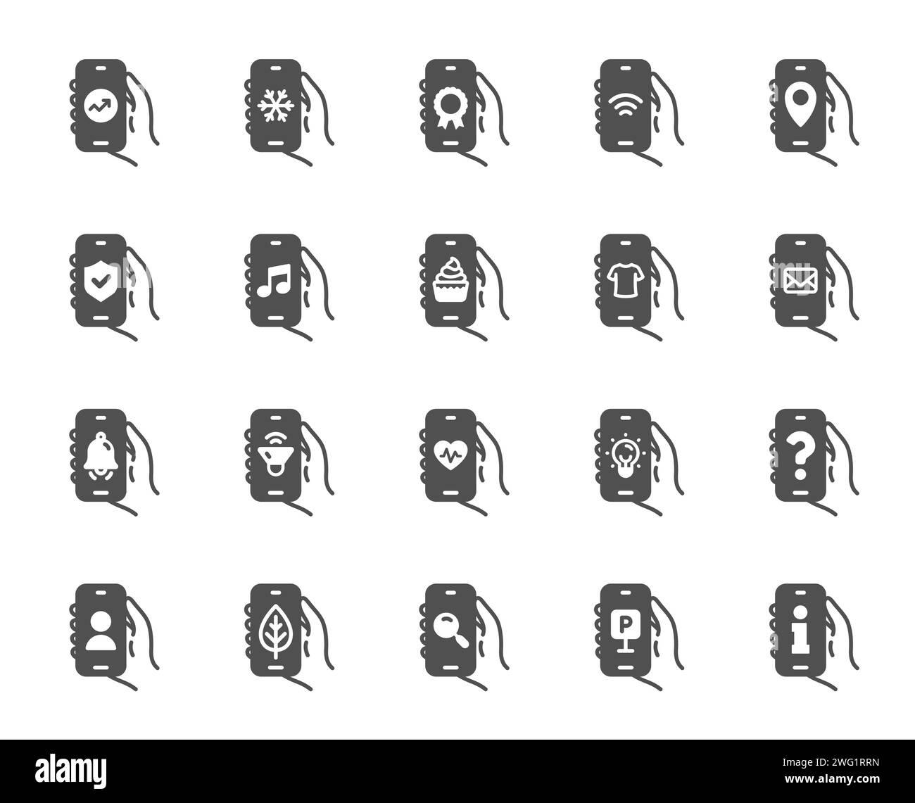 Hand Holding Phone icons. Music sound, Sms or Mail Message, Wifi ...