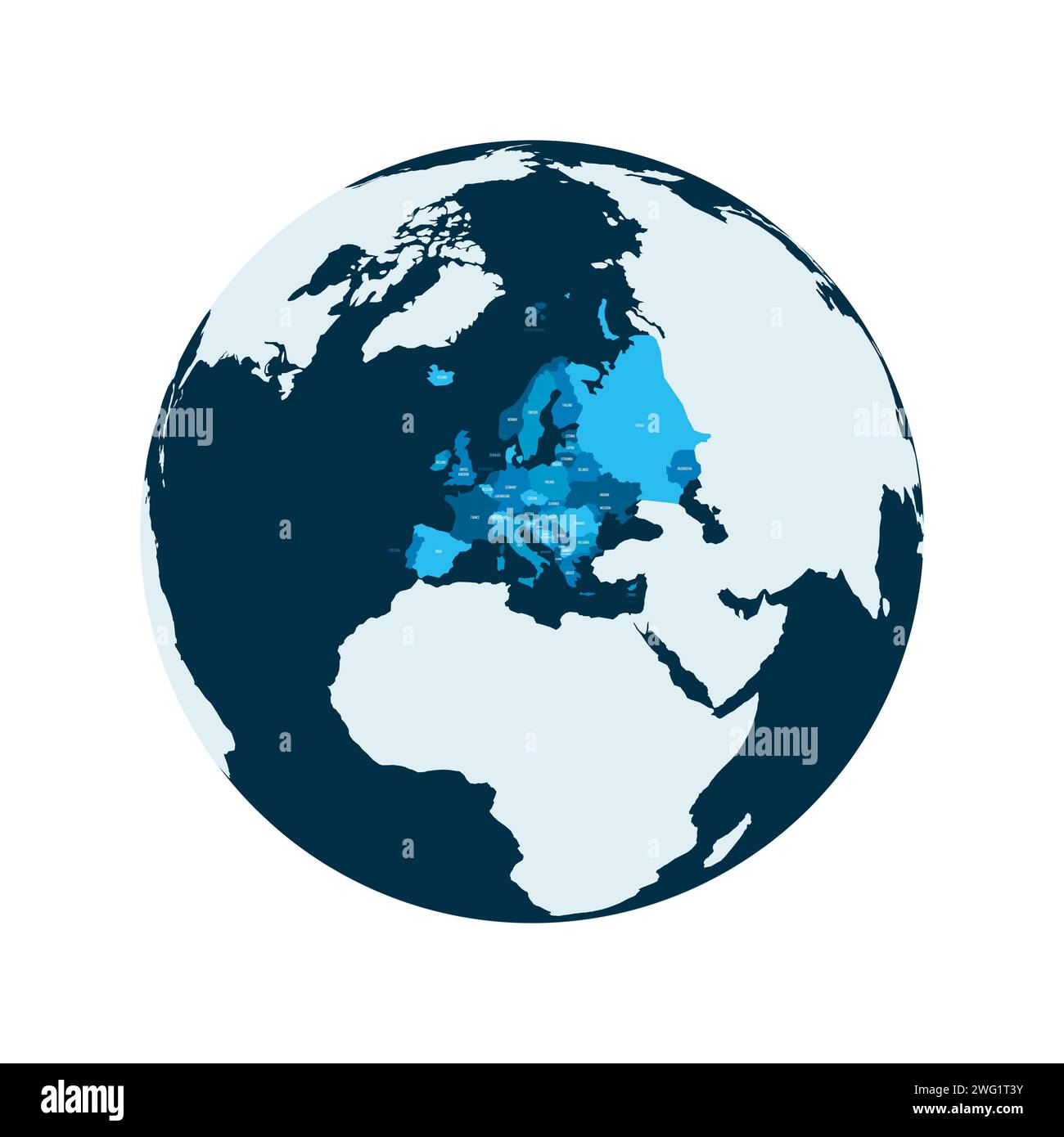 Political map of Europe. Blue colored land with country name labels on ...