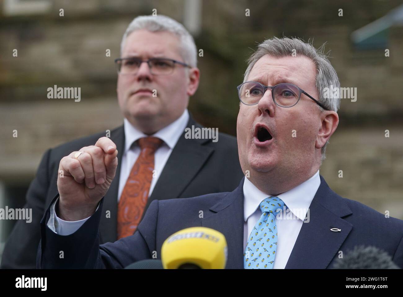 DUP leader Sir Jeffrey Donaldson (right) and deputy leader of the DUP Gavin Robinson, speak to ...