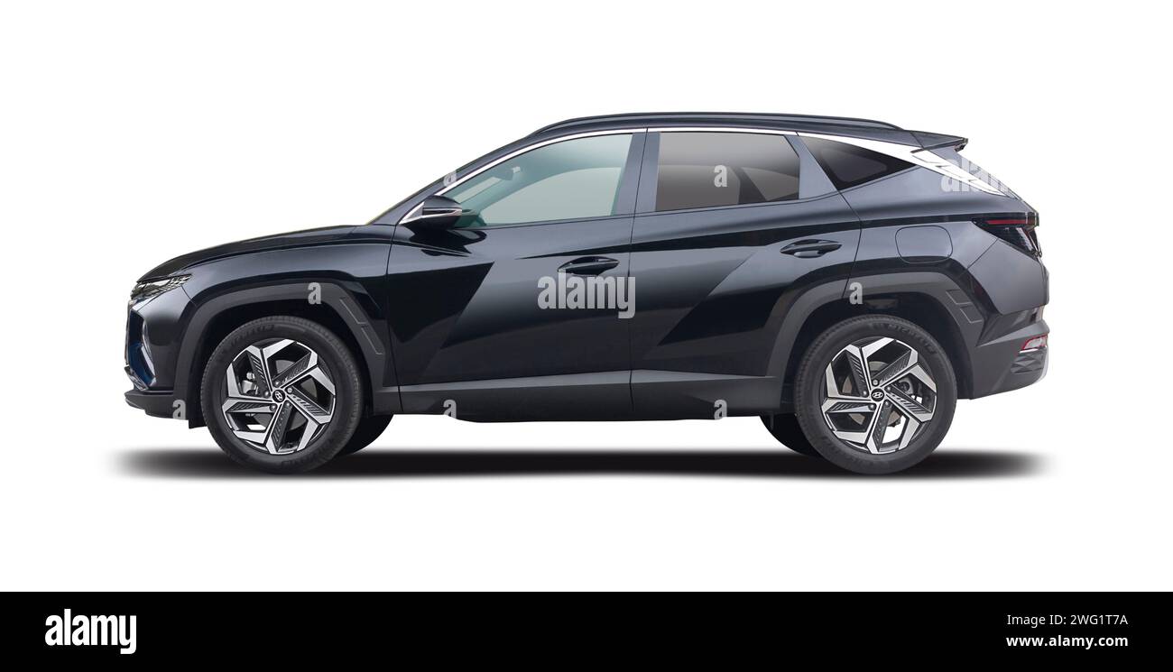 Hyundai Tucson SUV car, side view isolated on white background Stock ...