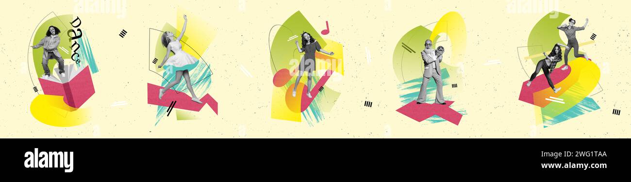 Panorama collage of young girl reading book and dancing listen notes ...