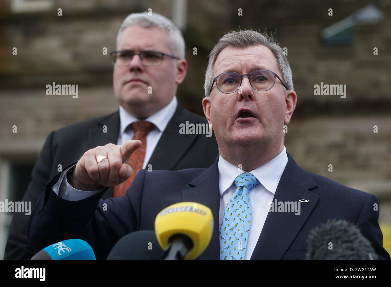 DUP leader Sir Jeffrey Donaldson, speaks to the media outside Stormont ...
