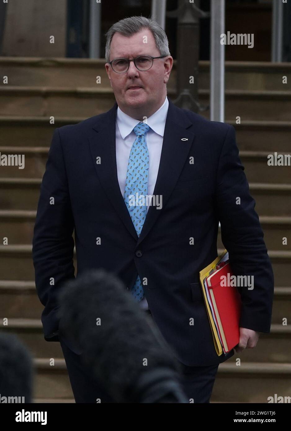 DUP leader Sir Jeffrey Donaldson arrives to speak to the media outside ...
