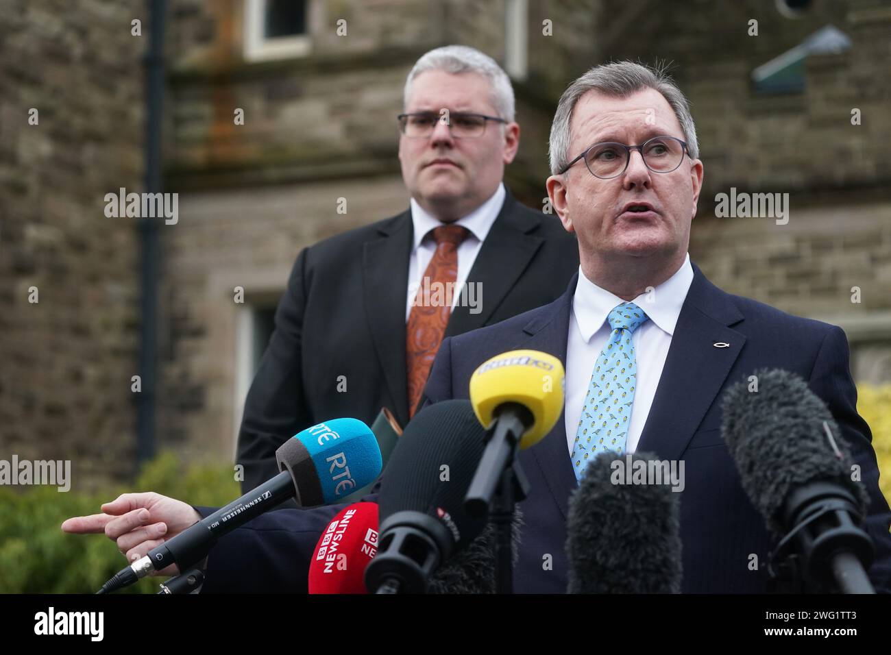 DUP leader Sir Jeffrey Donaldson (right) and deputy leader of the DUP Gavin Robinson, speak to ...