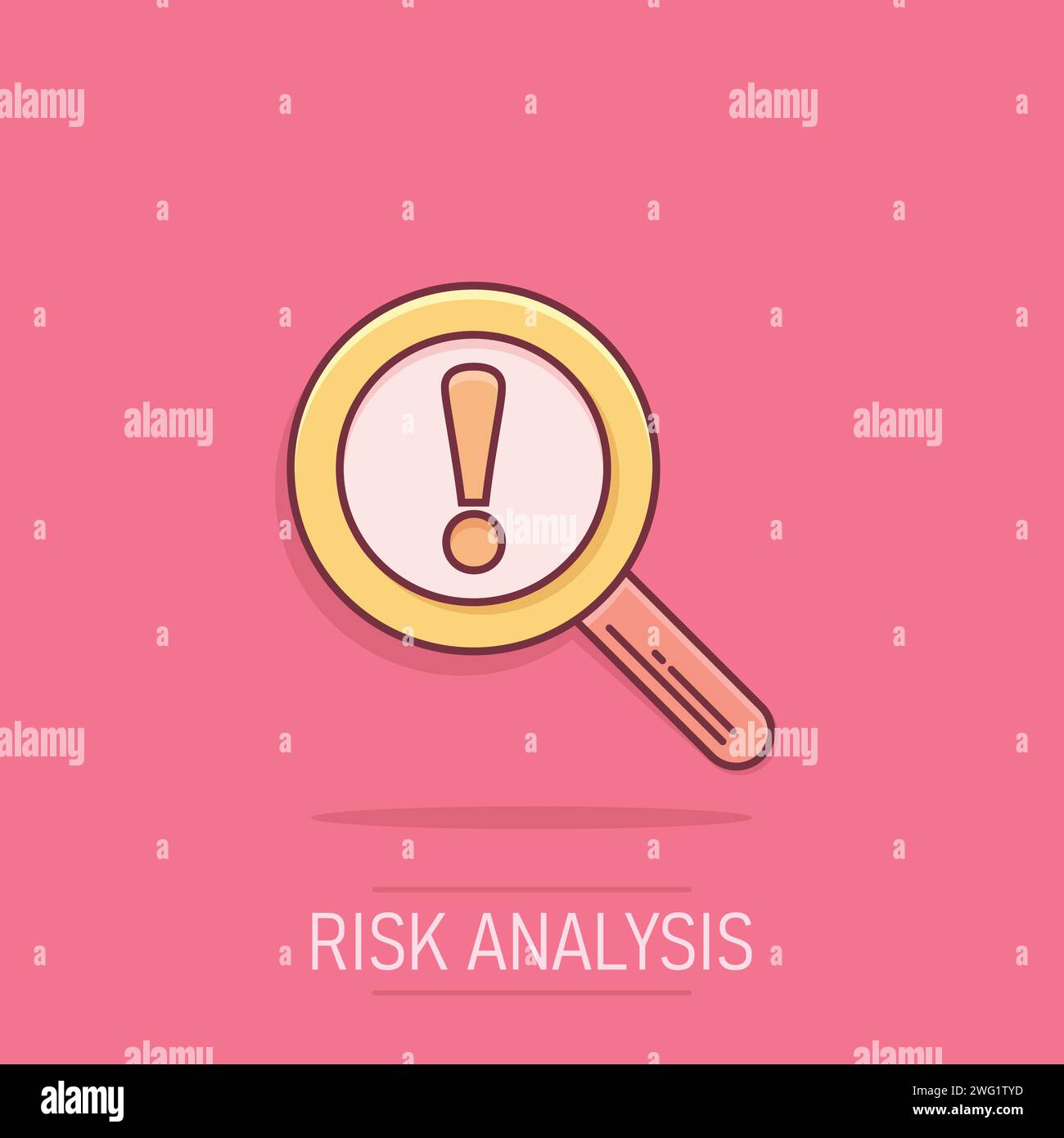 Risk analysis icon in comic style. Exclamation magnifier cartoon vector ...