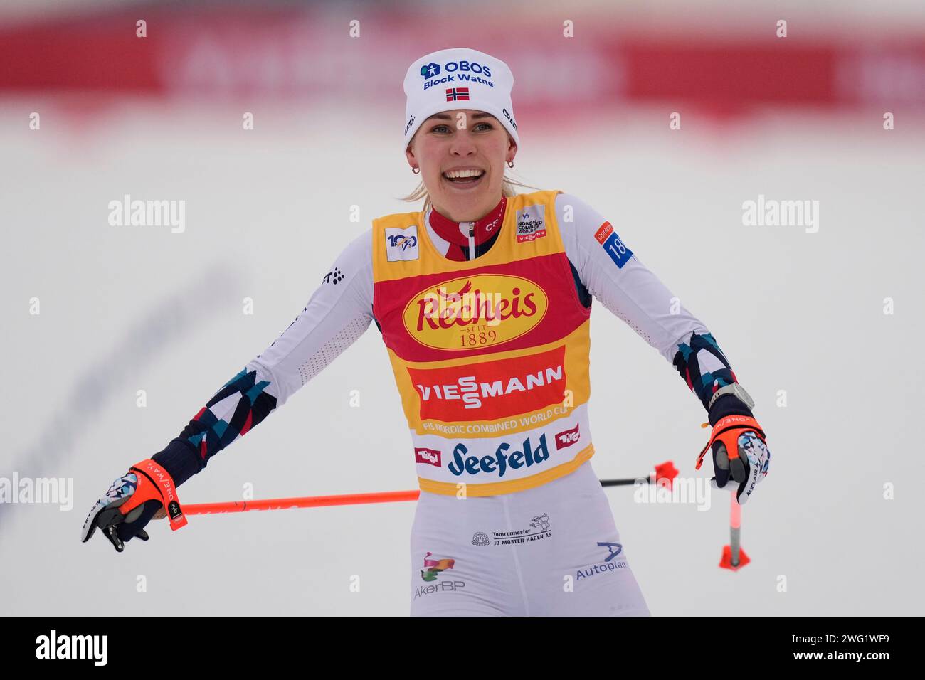Norway's Ida Marie Hagen celebrates after crossing the finish line in ...