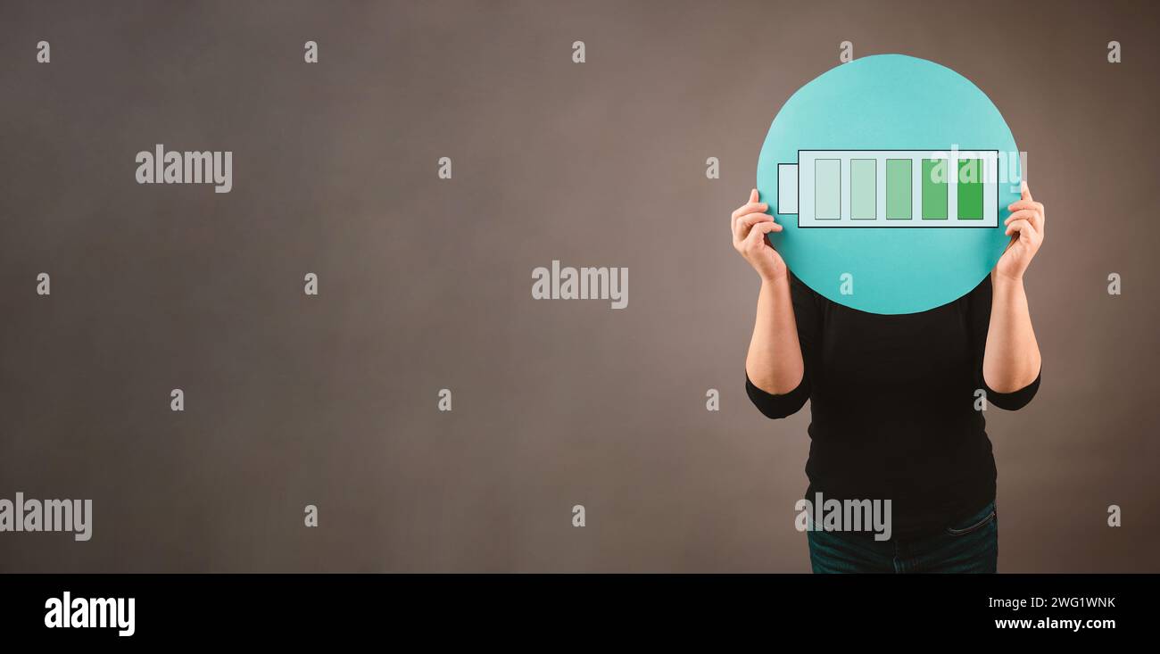 Full loaded battery, positive thinking and mental health concept, brain ...