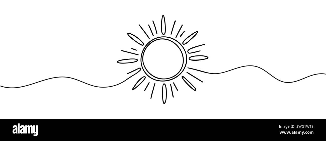 Sun continuous one line art drawing. Summer sun contour line sign ...