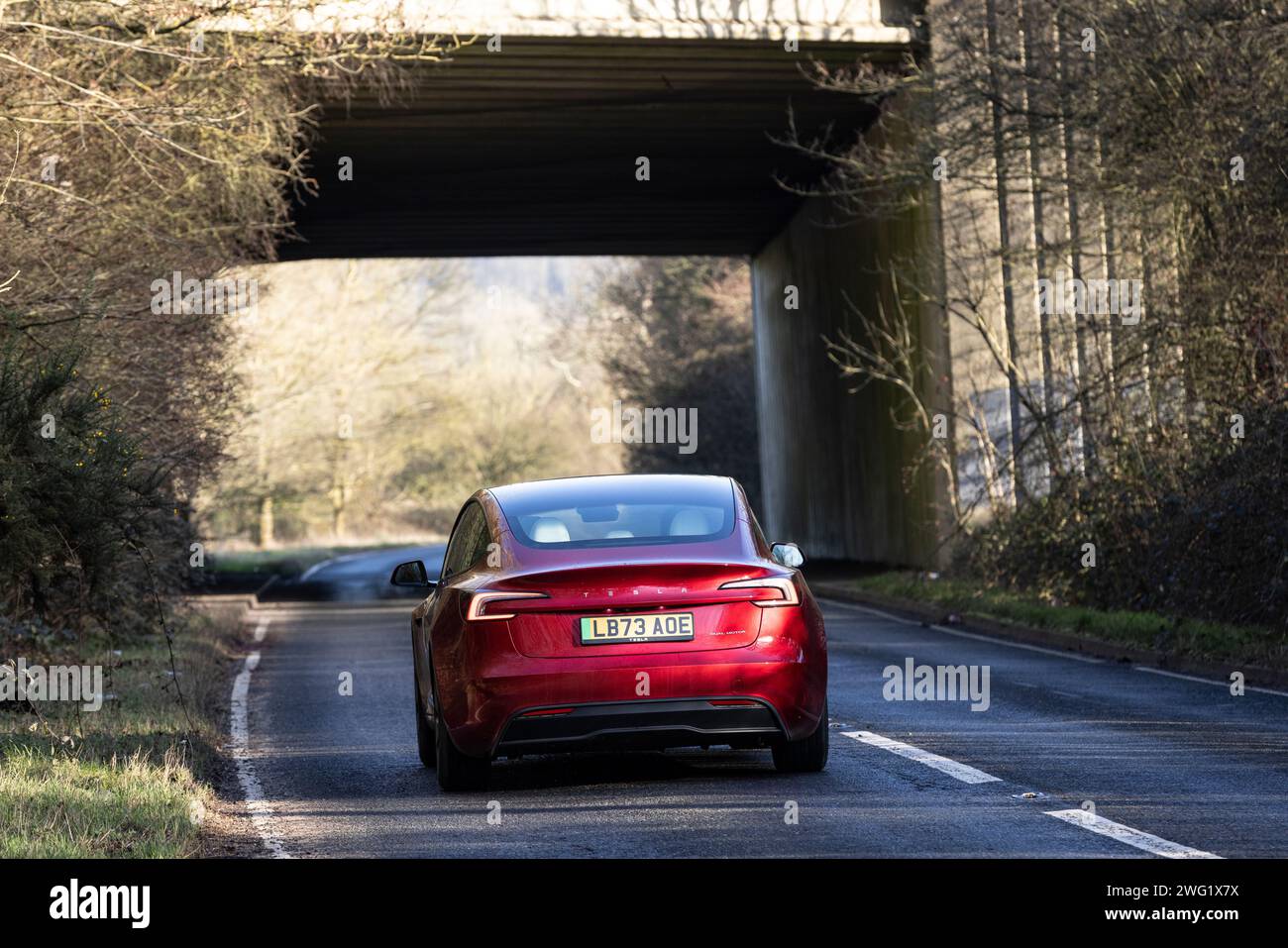 Tesla Model 3 electric vehicle being test driven in England, United ...
