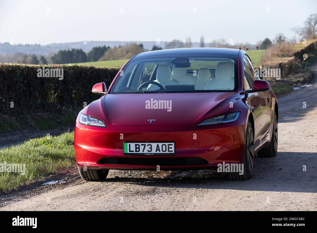 Tesla Model 3 electric vehicle being test driven in England, United ...