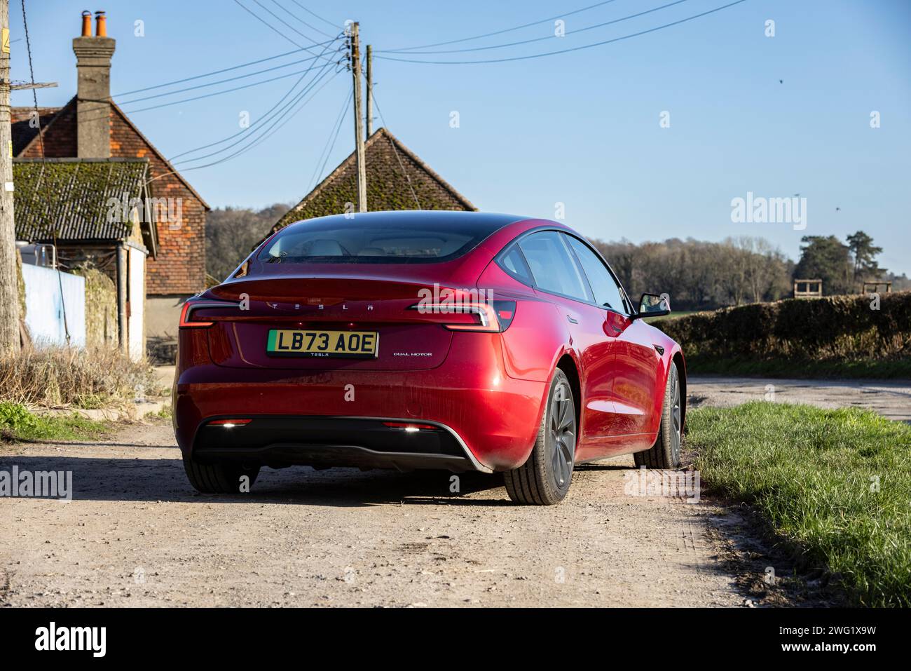 Tesla Model 3 electric vehicle being test driven in England, United ...
