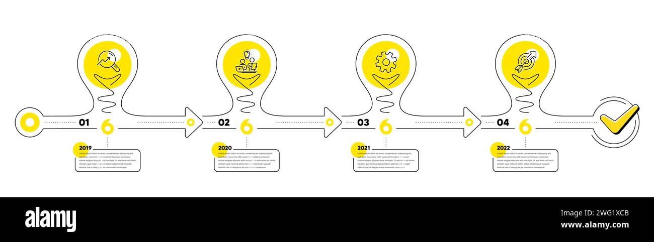 Timeline with lamp light bulbs and icons. 4 steps idea journey path ...