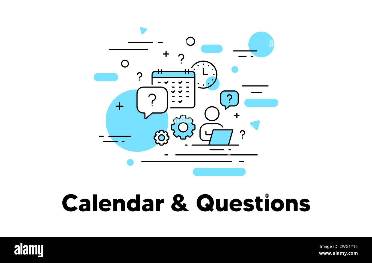 Clock and Calendar line icon. Timetable schedule, Question mark, Human ...