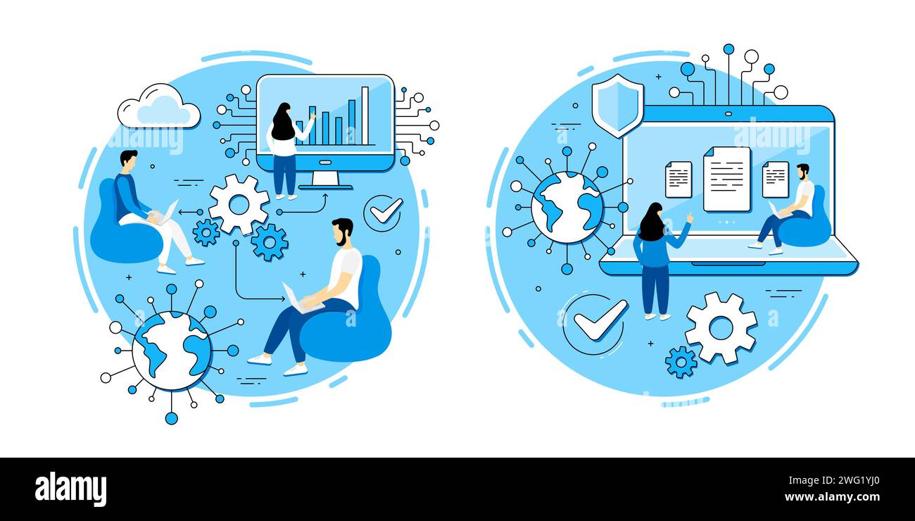 Teamwork employee vector icons set. Online remote work, job partnership ...