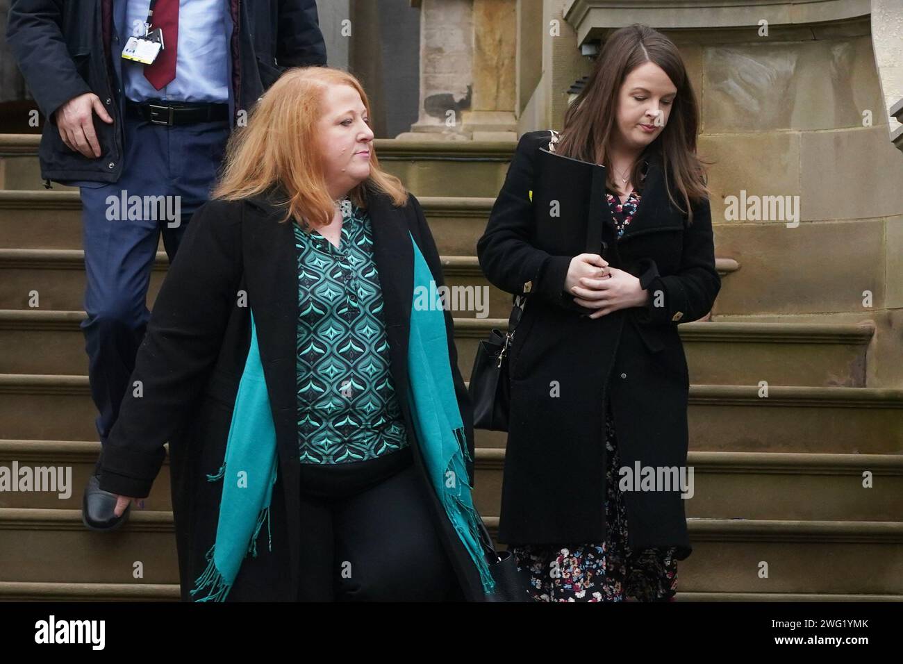 Alliance Party leader Naomi Long (left) and MLA Nuala McAllister leave ...