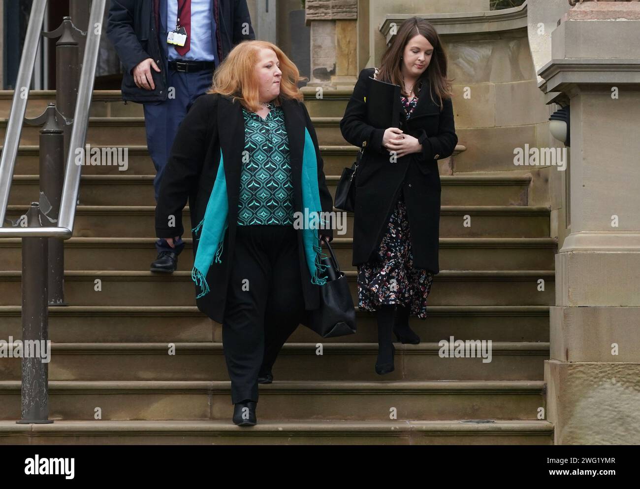 Alliance Party leader Naomi Long (left) and MLA Nuala McAllister leave ...