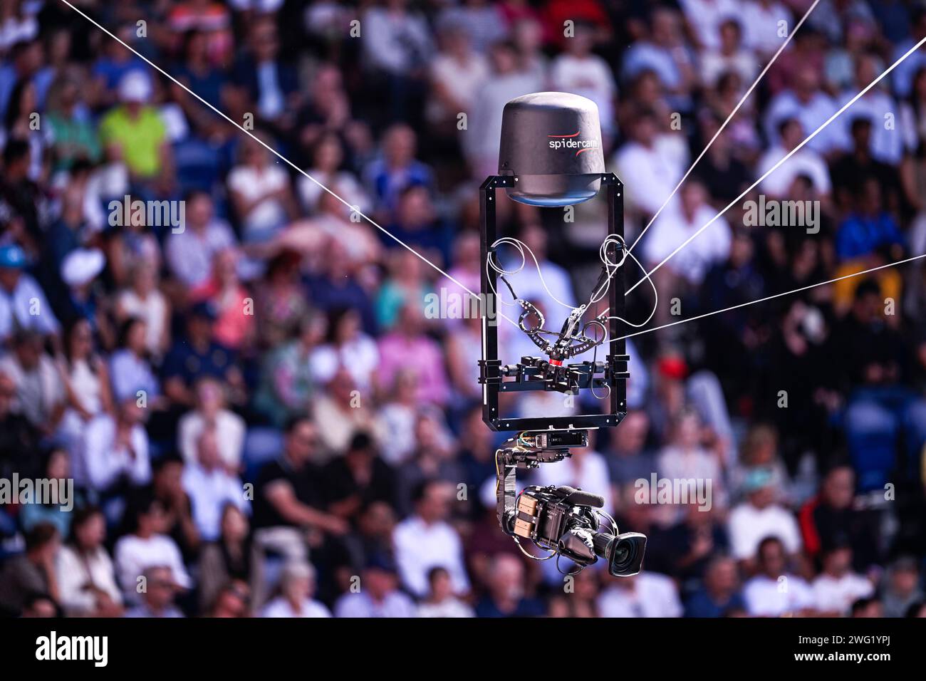 A TV television cable cam spidercam or Spider camera during the ...
