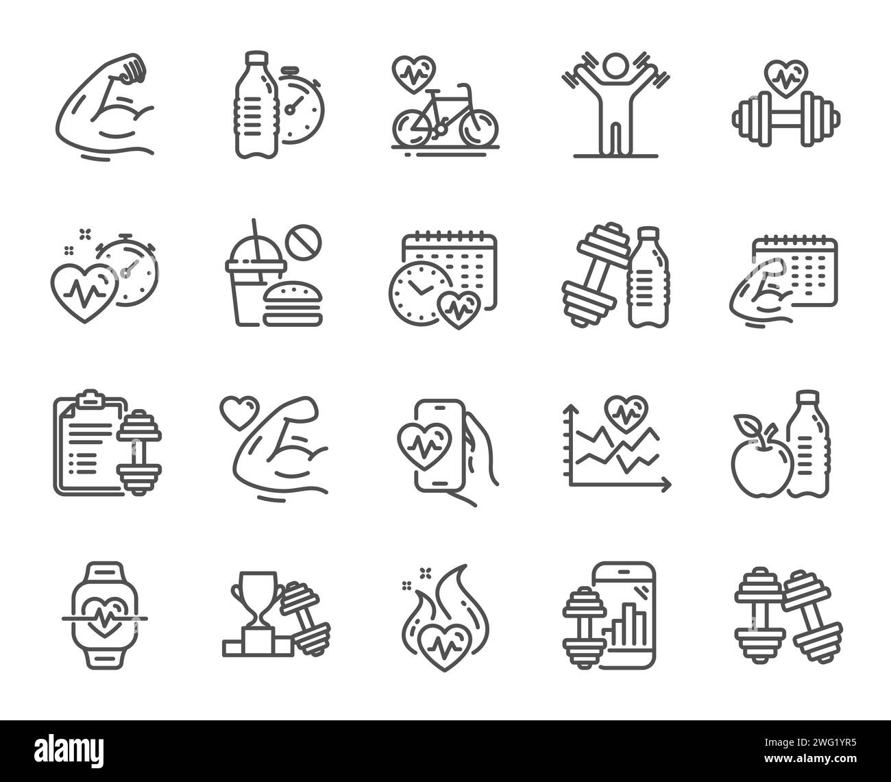 Fitness time line icons. Bike Workout, Strong Muscle Arm, Gym fit dumbbell. Training analysis ...