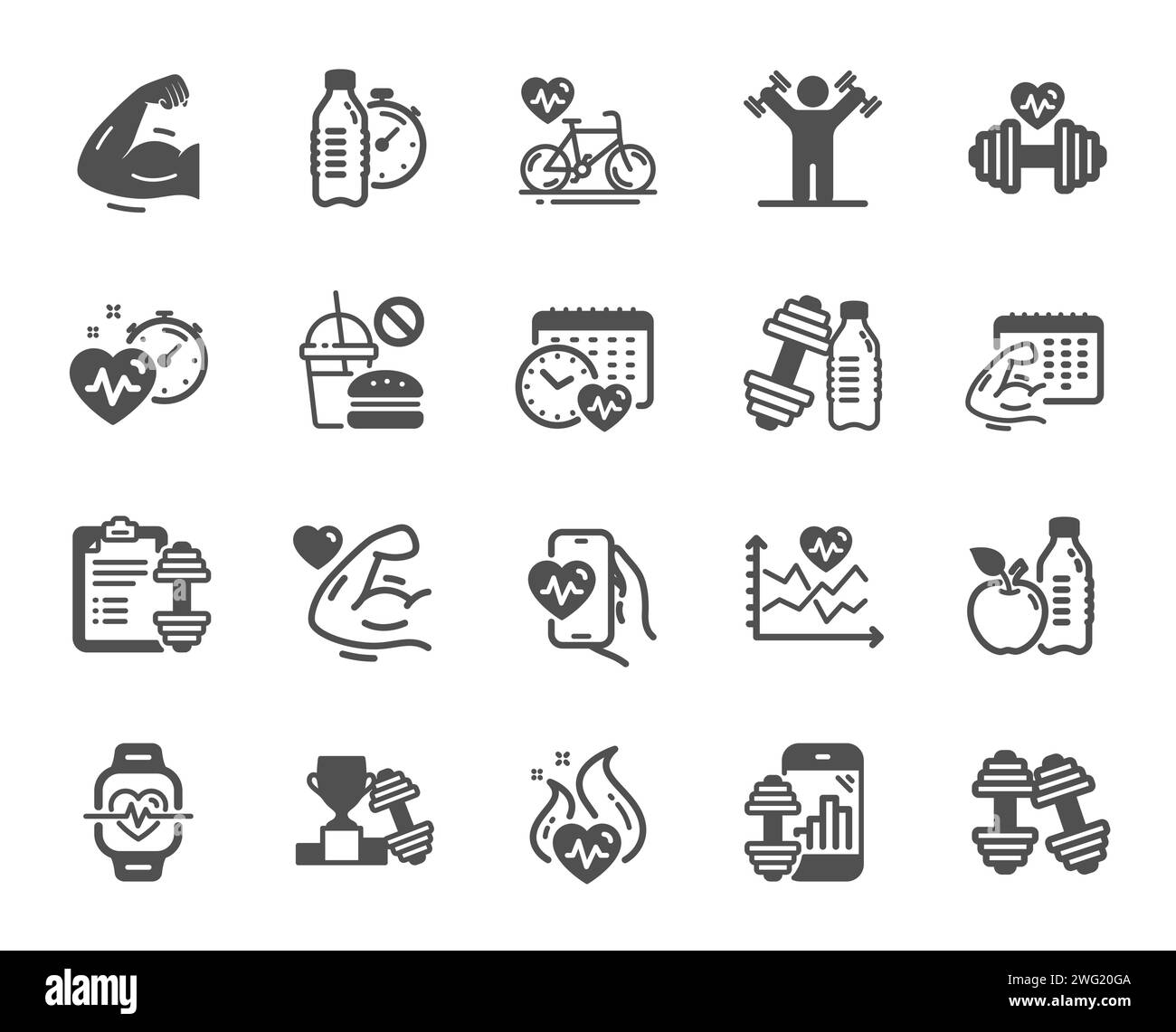 Fitness time icons. Bike Workout, Strong Muscle Arm, Gym fit dumbbell. Training analysis ...