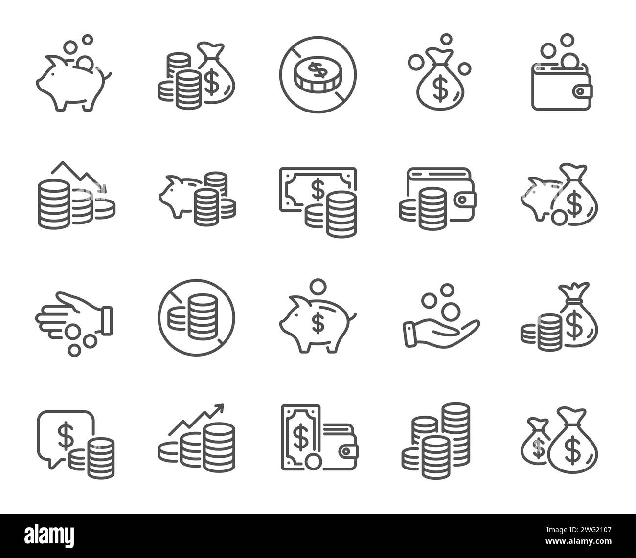 Coins line icons. Cash money, Donation coins, Give tips icons. Piggy ...