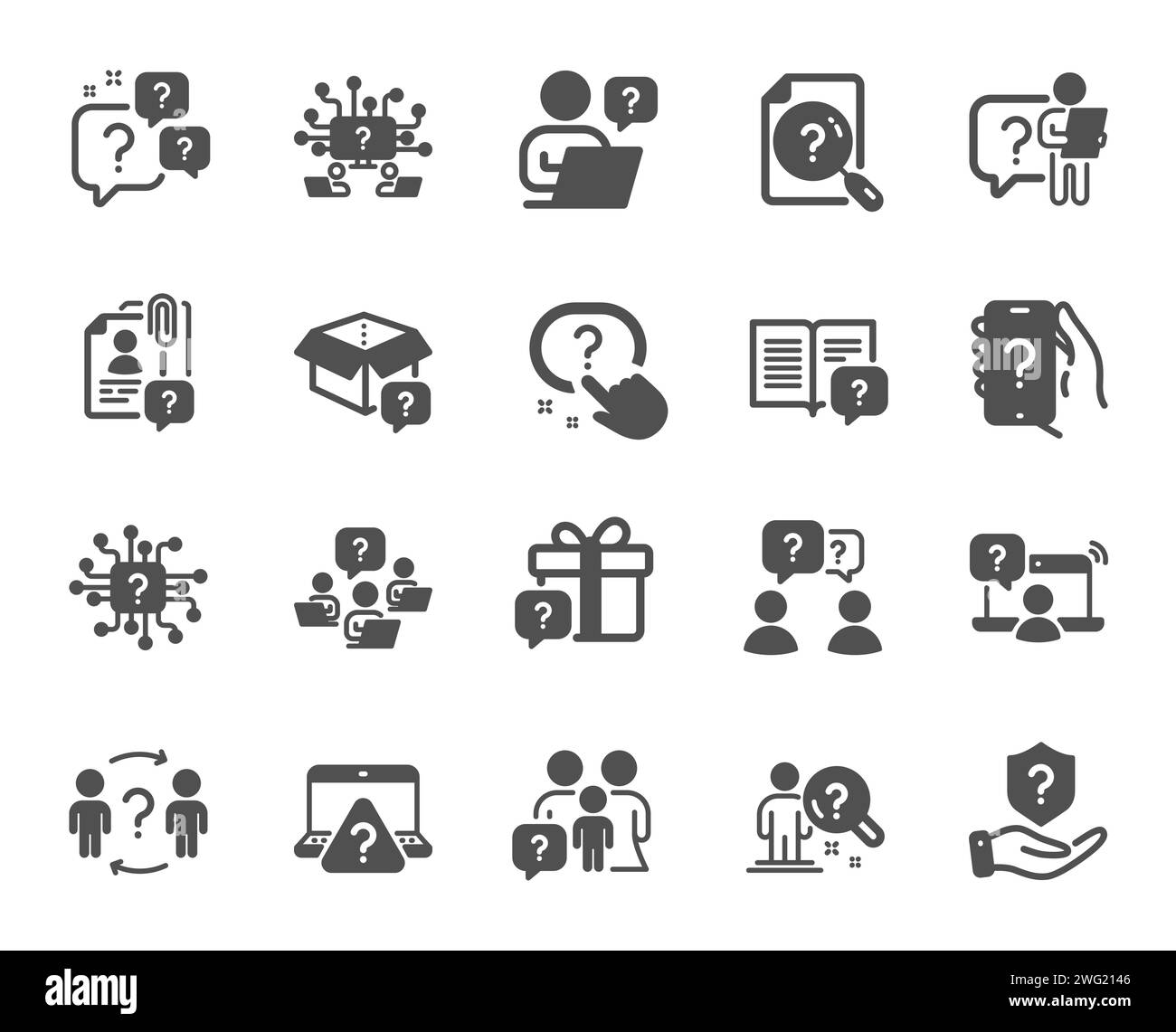 Questions icons. Artificial Intelligence computer, phone with Question mark, Problem solve ...