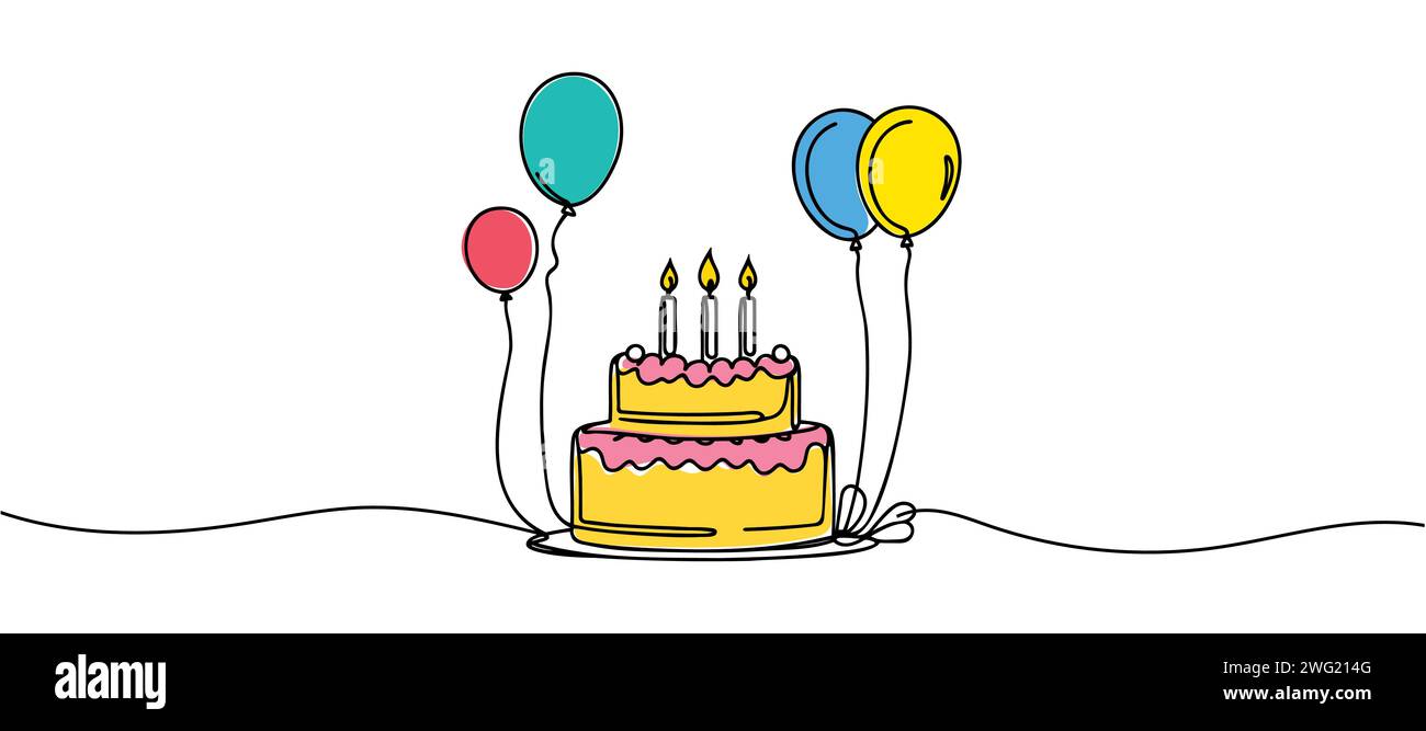 Happy Birthday continuous one line drawing of birthday balloon and ...