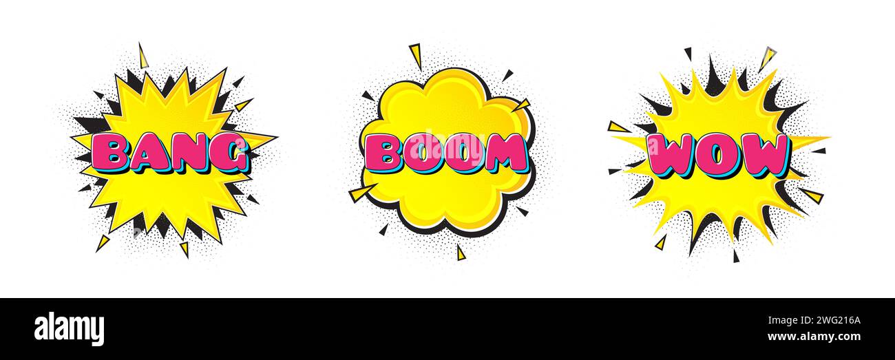 Comic speech bubbles with Bang, Boom and Wow tags. Pop art surprise ...