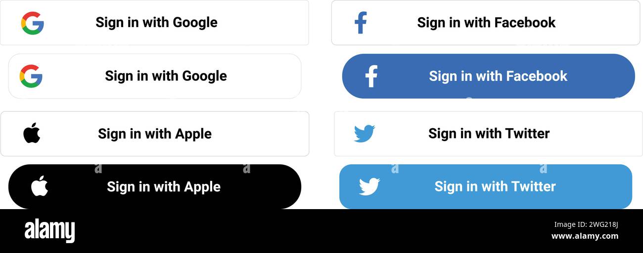 Sign with Google, Facebook, Apple buttons set. Isolated website or app ...