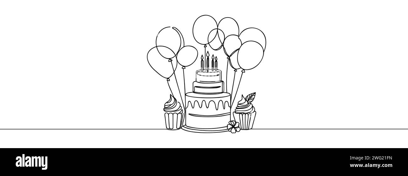Happy Birthday continuous one line drawing of birthday balloon and ...
