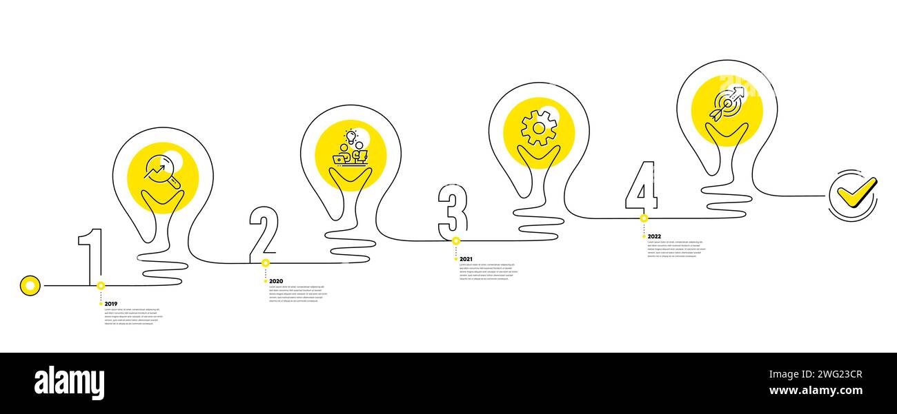 Continuous timeline with lamp light bulbs and icons. 4 steps idea ...