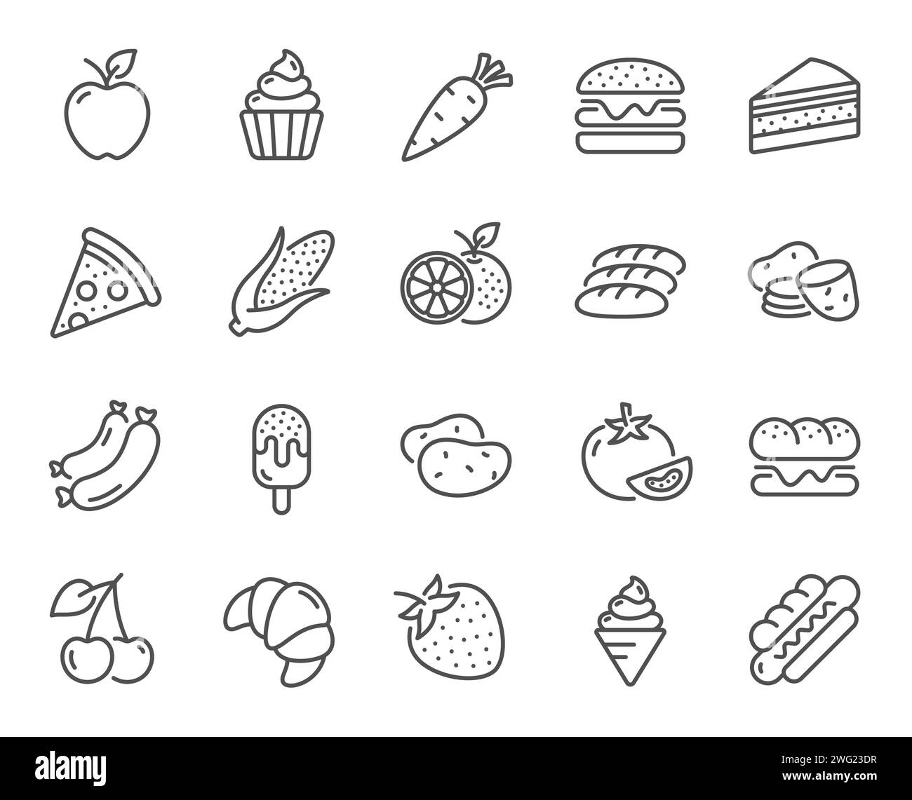 Food line icons. Vegetables, Fruits and Sweet Desserts icons. Potato ...