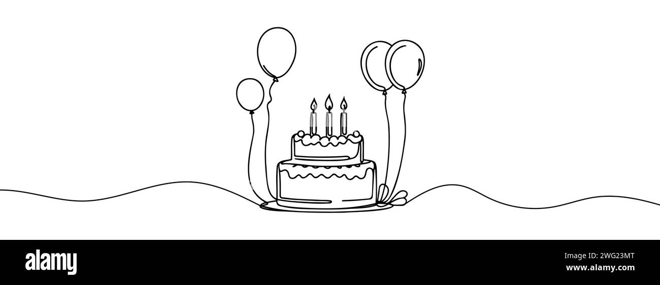 Happy Birthday continuous one line drawing of birthday balloon and ...