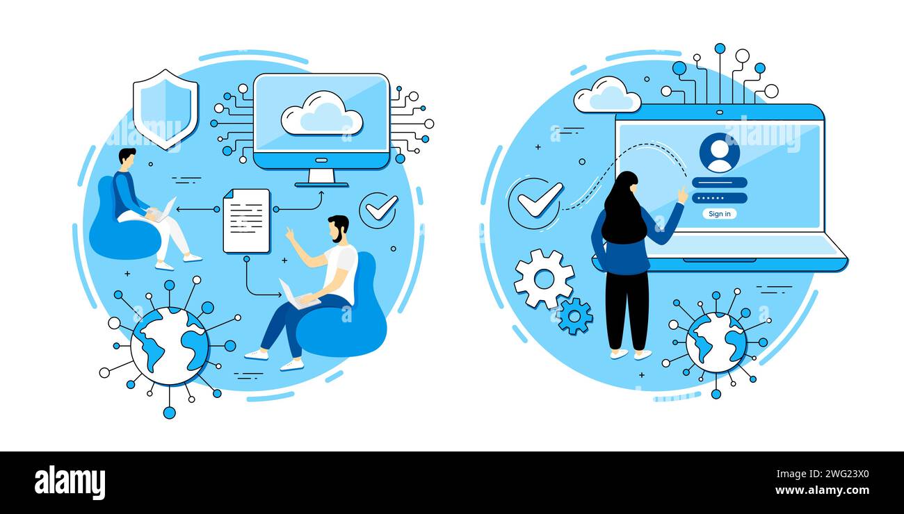 Document sharing, login page vector icons set. Social network access ...