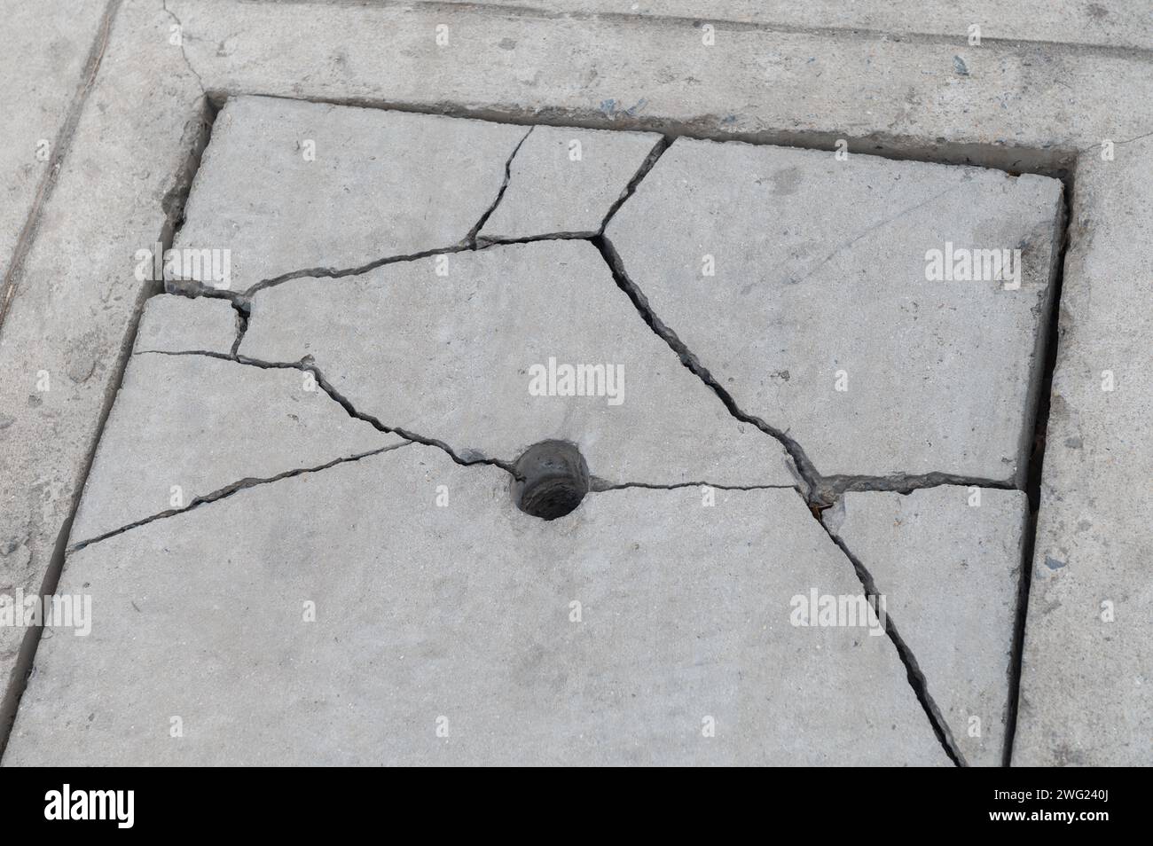 Cracked concrete drain cover on the cement road Stock Photo - Alamy