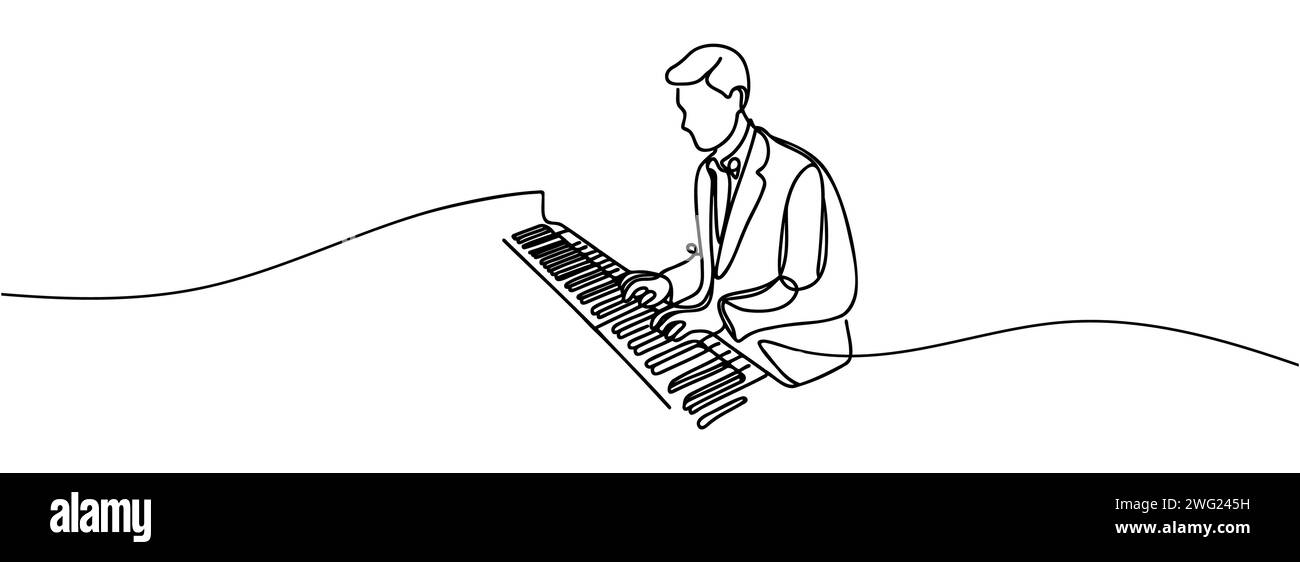 one continuous line drawing of a pianist playing a classic grand piano ...