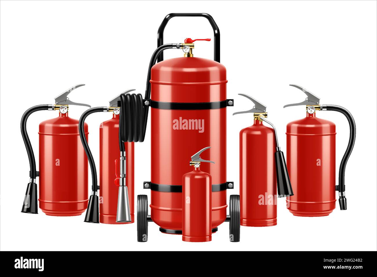 Set of realistic red extinguishers isolated on white background ... Set of realistic red extinguishers isolated on white background ...