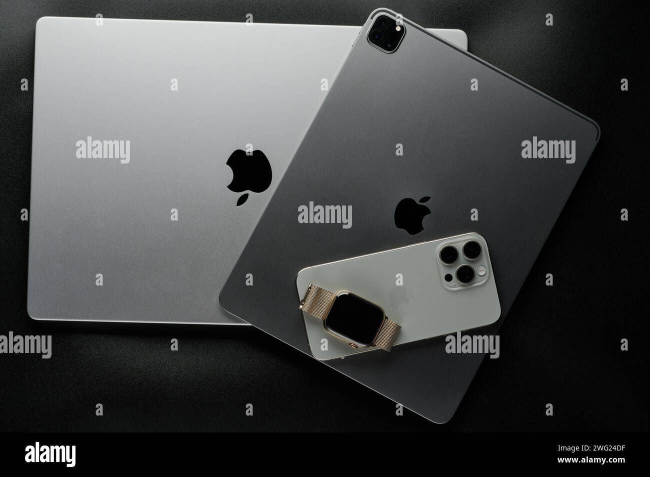 New York, USA - January 31, 2024: Apple devices back rear view above ...