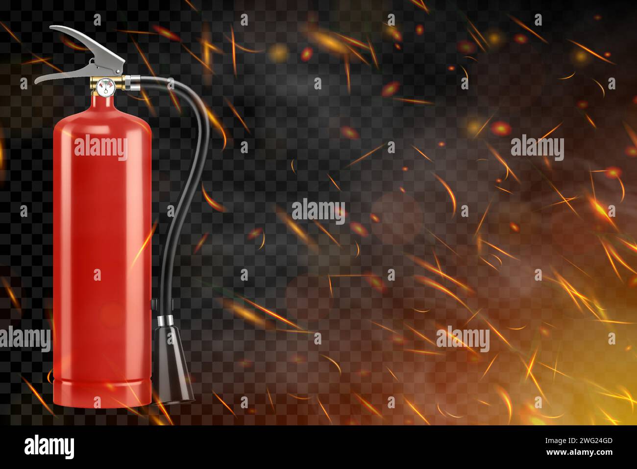 Realistic red extinguisher isolated on burning background. Portable ...