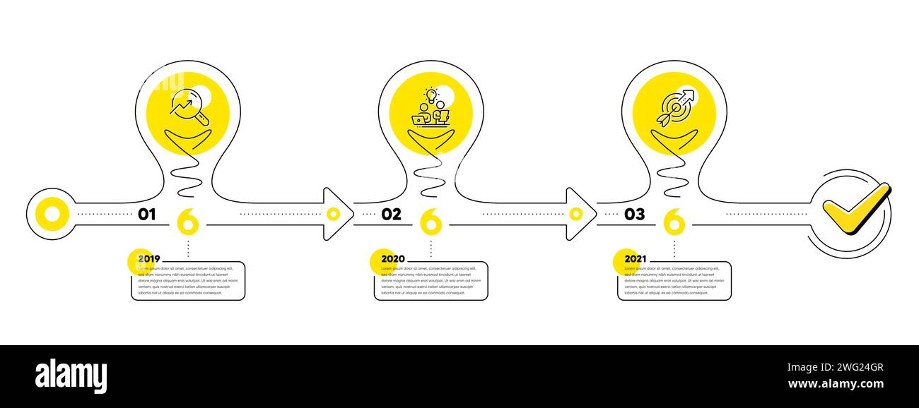 Timeline with lamp light bulbs and icons. 3 steps idea journey path ...