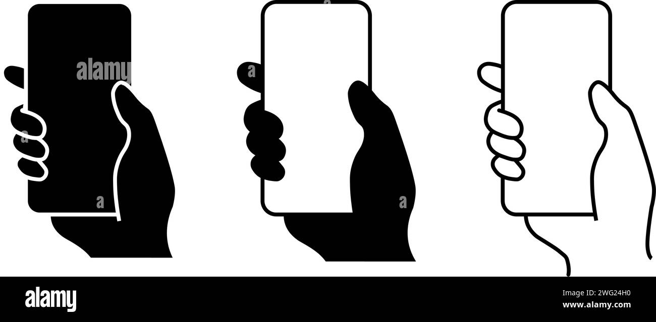 Smartphone in hand icons set. Hand holding smartphone.Blank screen ...