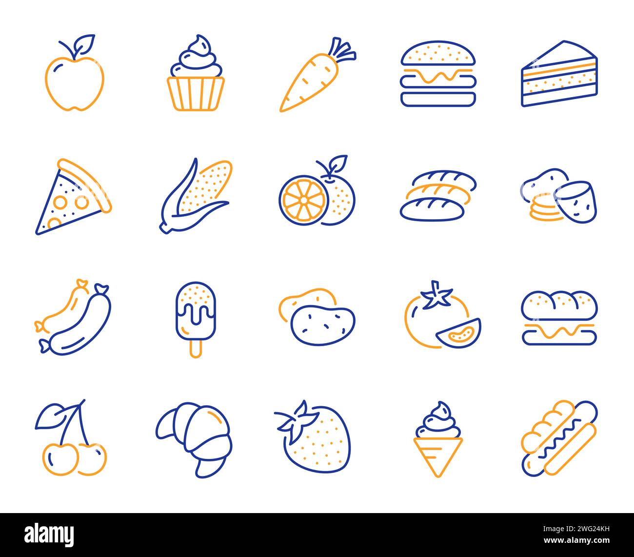 Food line icons. Vegetables, Fruits and Sweet Desserts icons. Potato ...