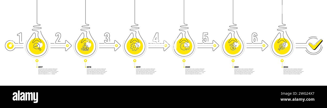 Infographic timeline with lamp light bulbs and icons. 6 steps idea ...
