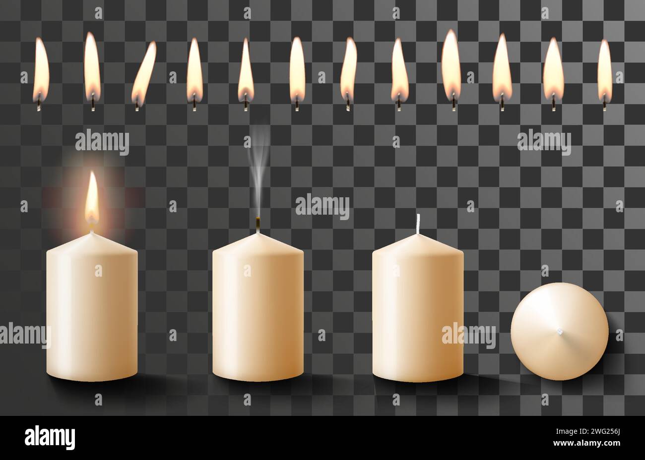 Set of realistic cylindrical scented candles and fire flames with wick ...
