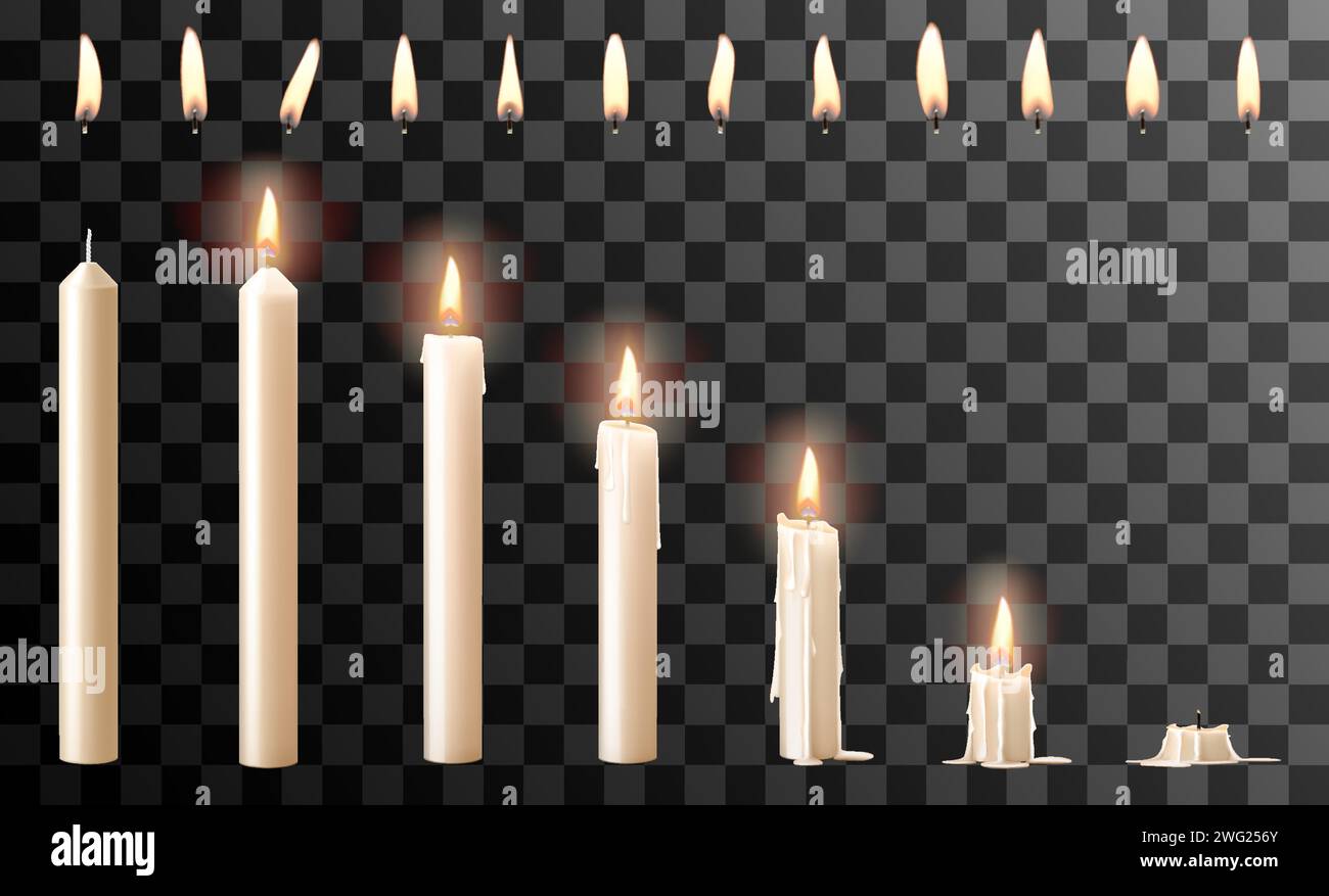 Set of realistic white burning candles and fire flames with wick ...